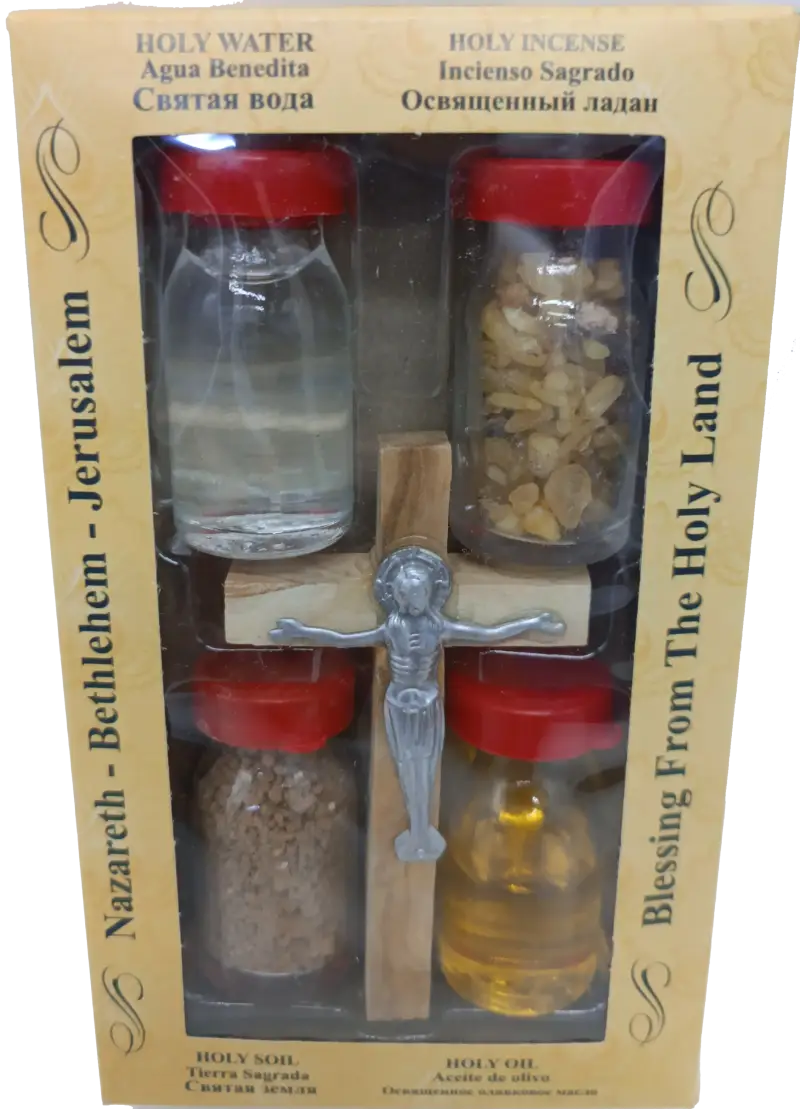 Holy Land Zuluf Set of 5 in 1 Olive Wood Cross Set with 4 Bottles -Holy ...